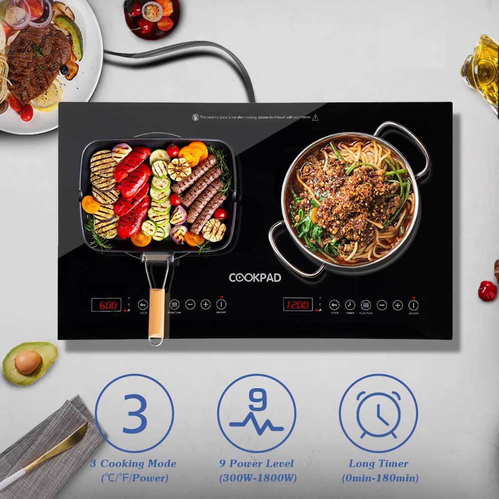 COOKPAD Electric Induction Cooktop with 2 Burner, 1800W Double ...