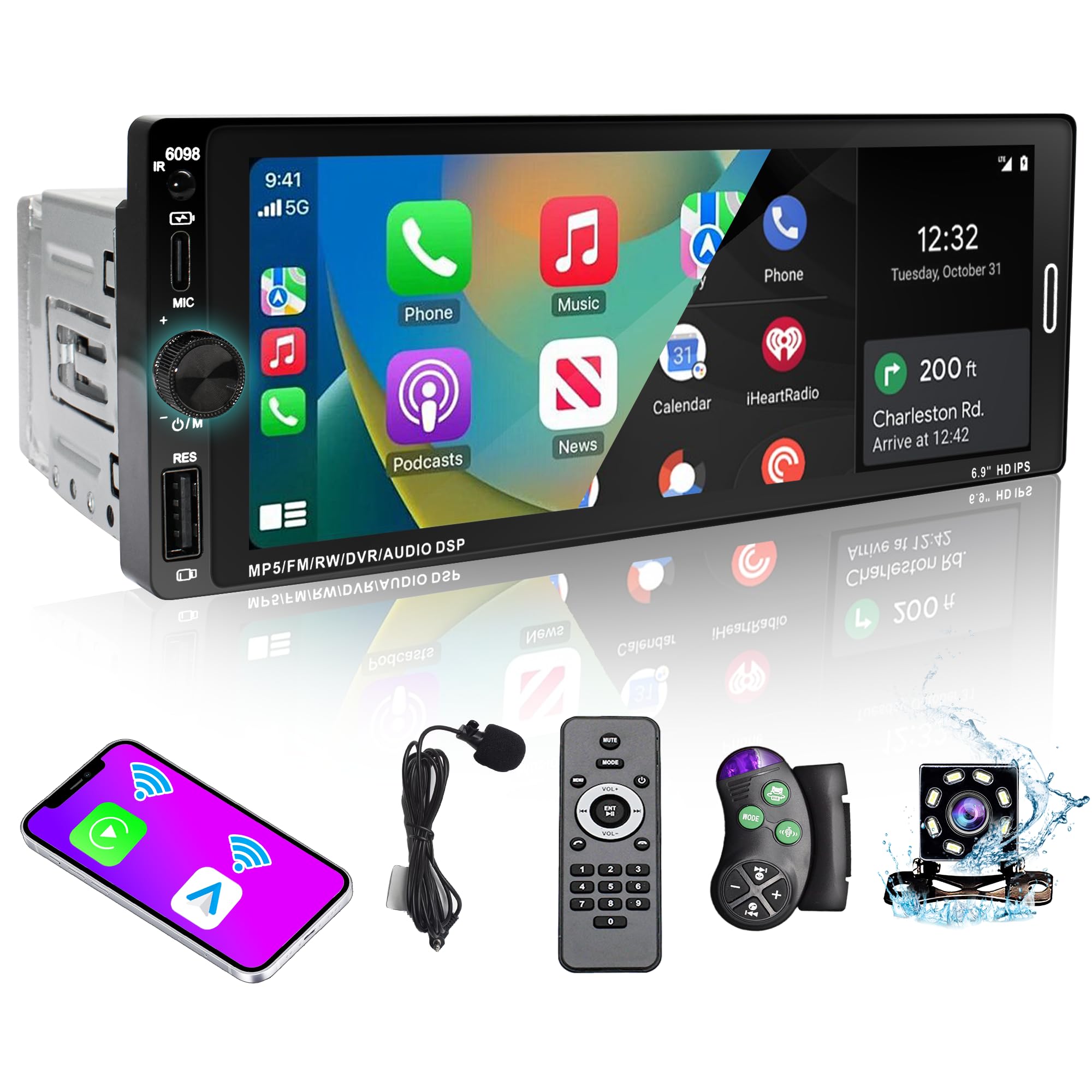 Amazon.com: Wireless Single Din Car Stereo, 6.9 Inch HD IPS Touchscreen ...