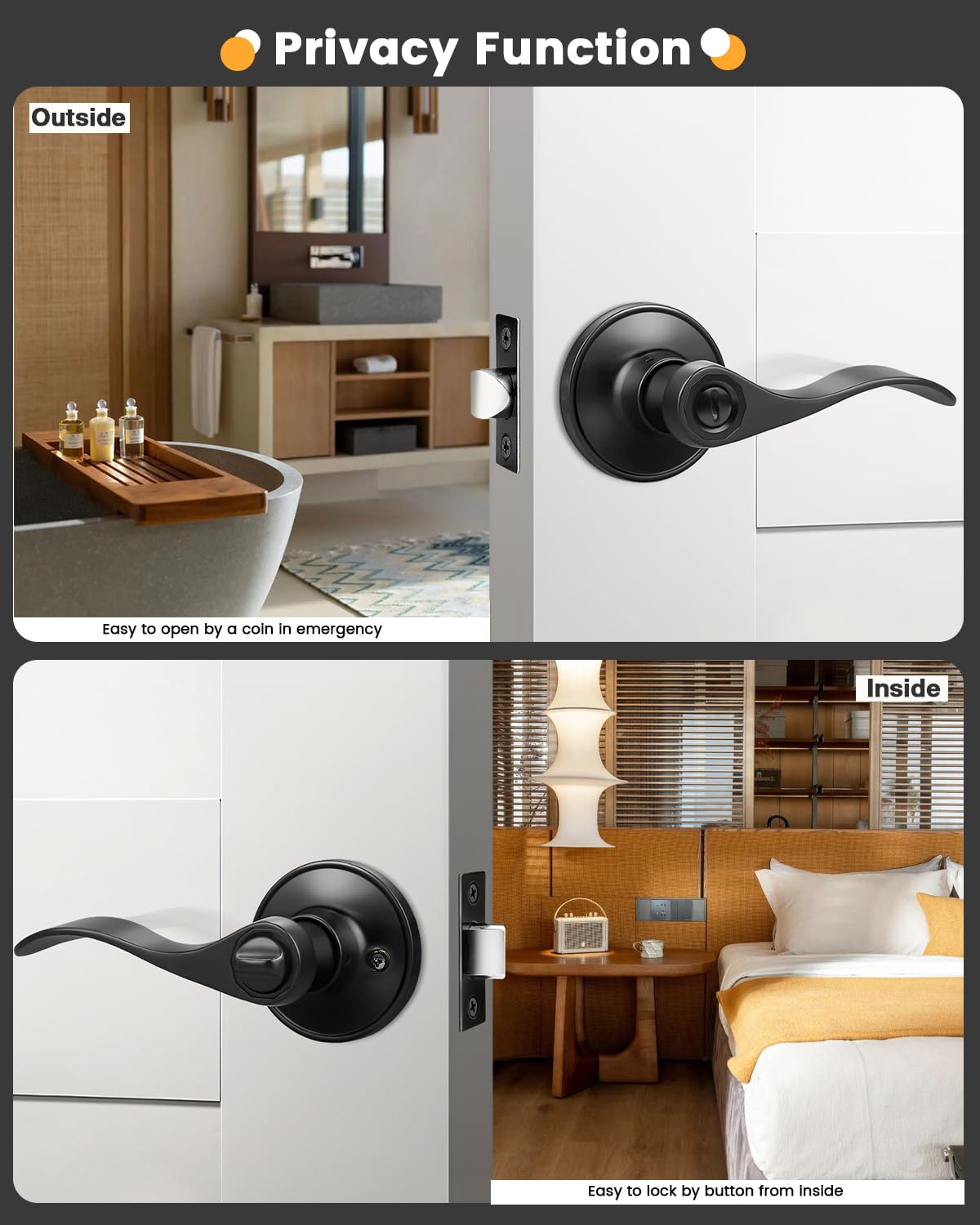 Snapklik.com : 5 Pack Interior Privacy Door Handles, Matte Black Bed And Bath Door Levers, Wave ...