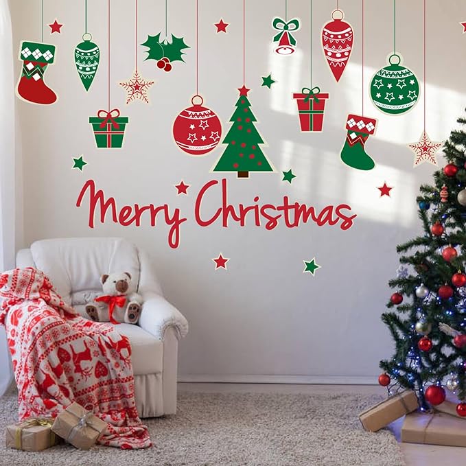 Amazon.com: Merry Christmas Wall Decals Xmas Tree Snowflake Gift Wall ...