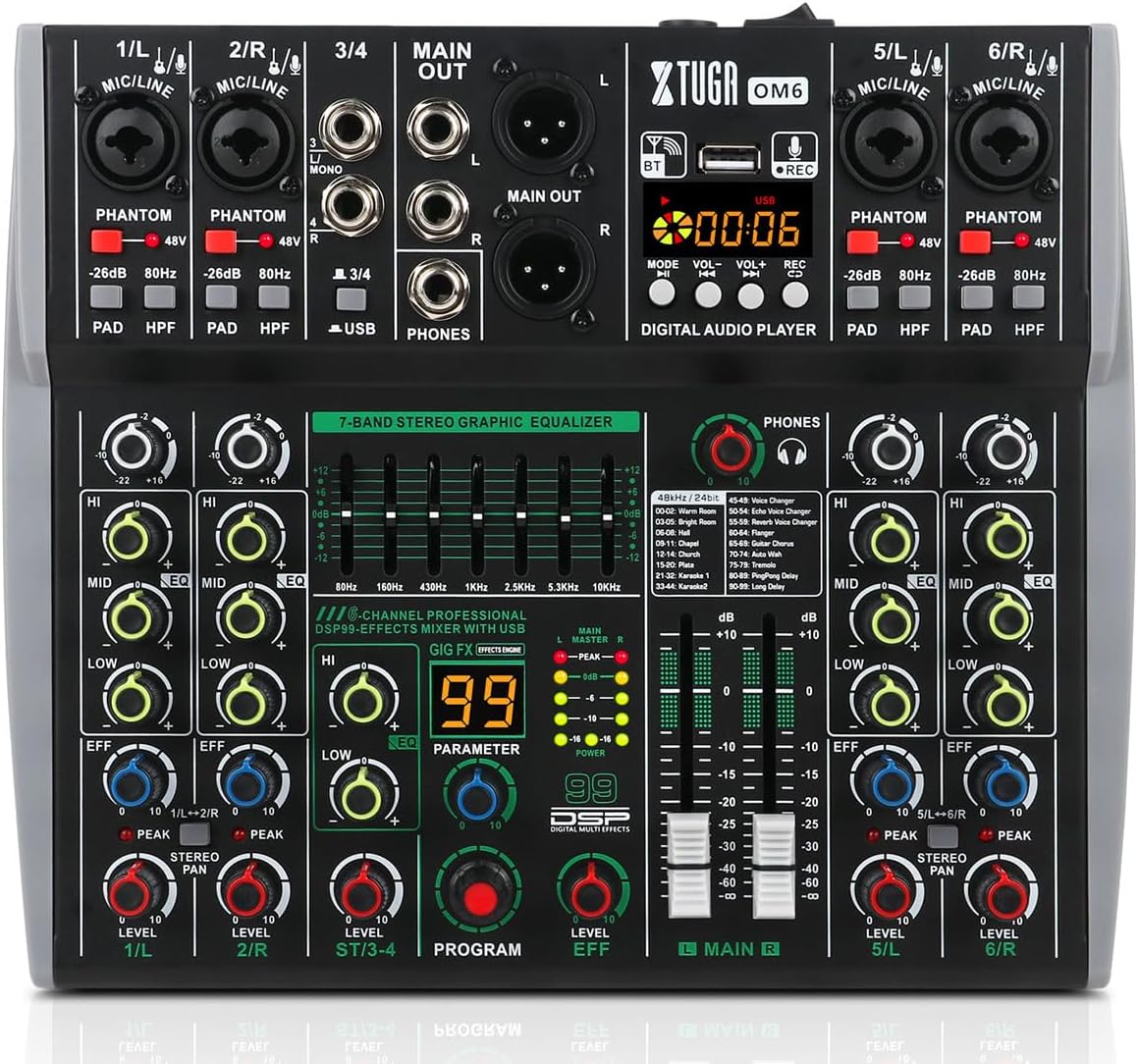 Amazon.com: XTUGA 6 Channel Audio Mixer for PC, DJ Mixer Board with ...