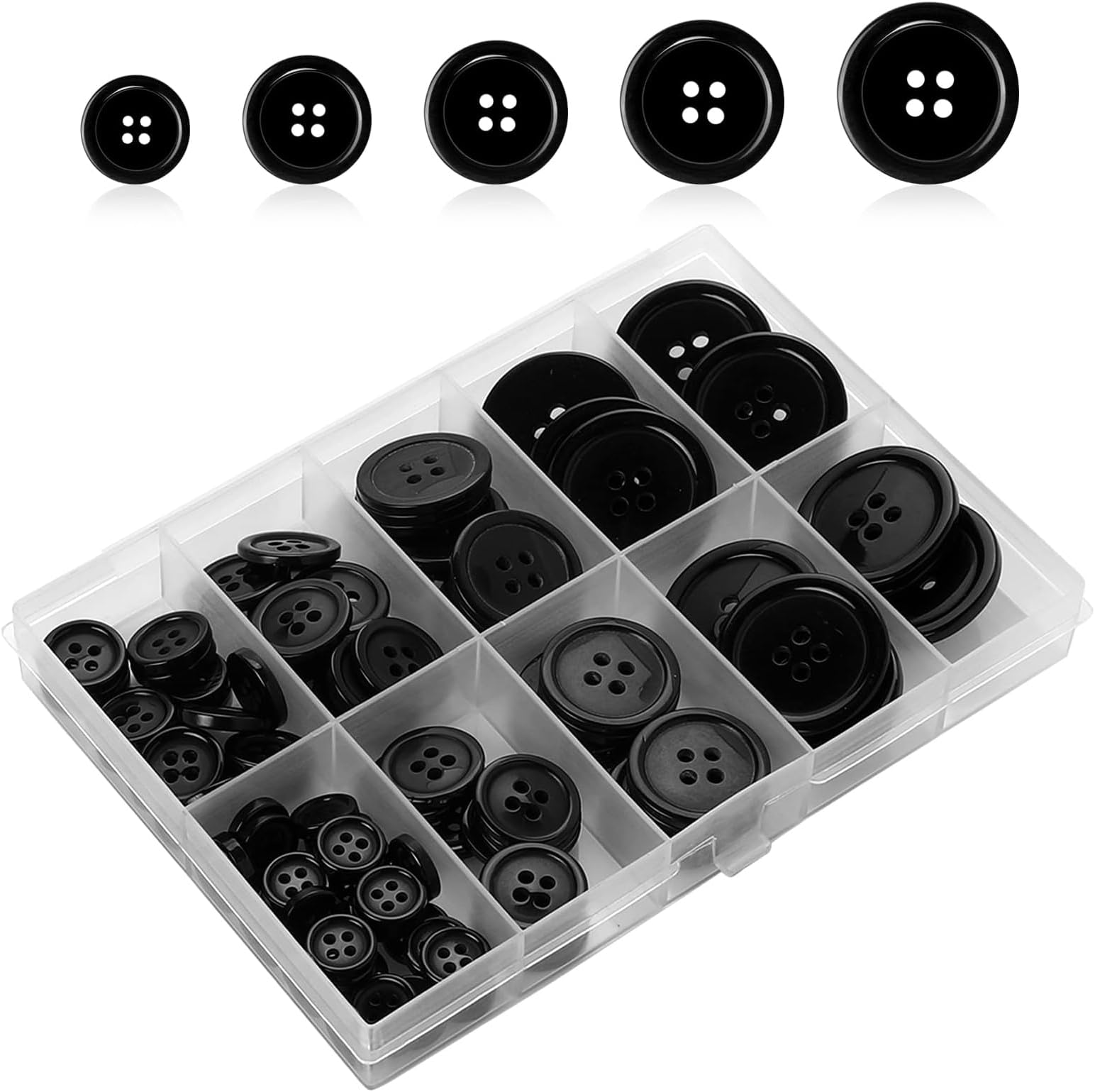 YHT 100PCS Sewing Buttons with Storage Box,4-Hole Round Black Buttons ...