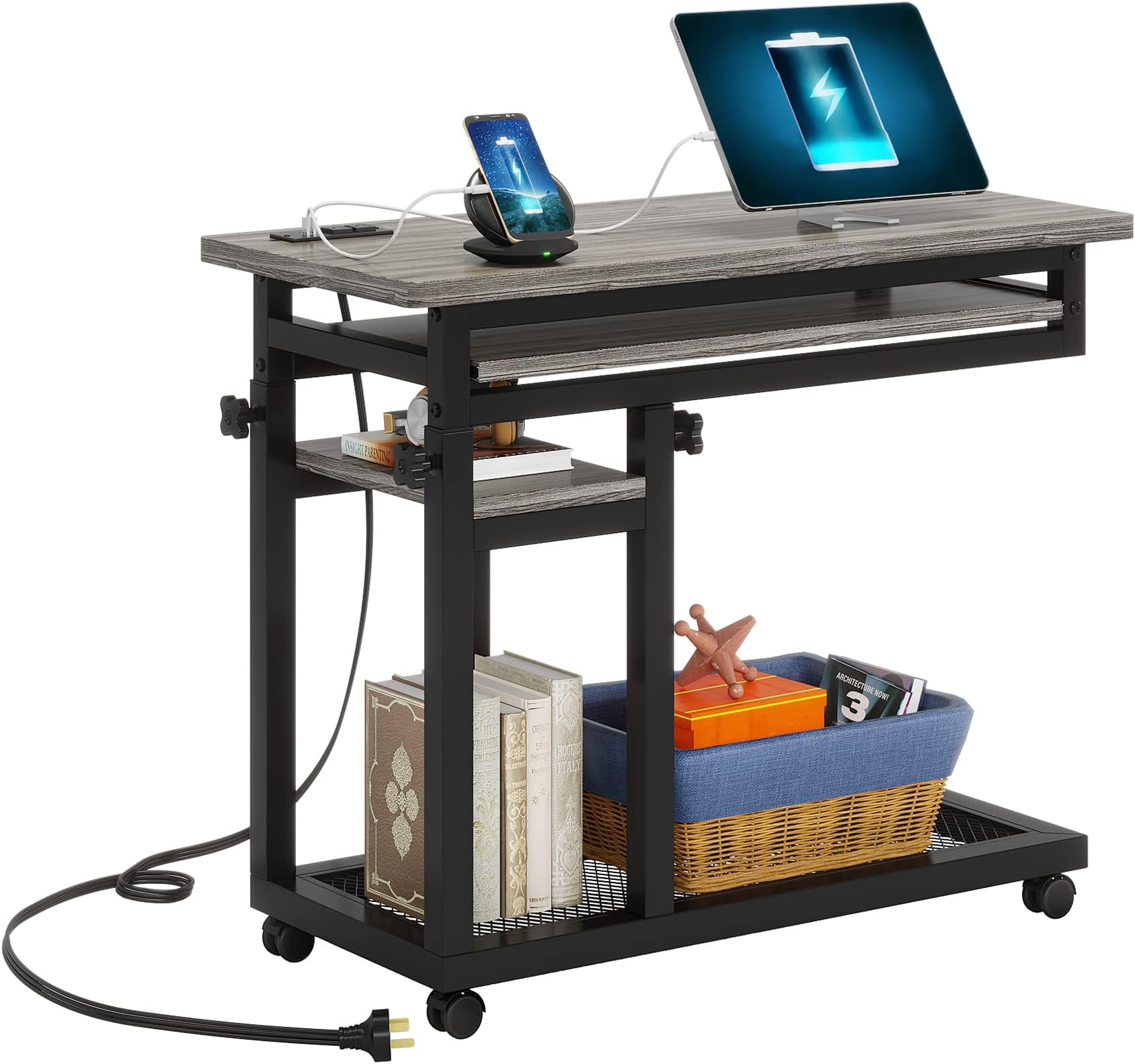 Amazon.com: LITTLE TREE Rolling C Side Table Portable Desk with Power ...