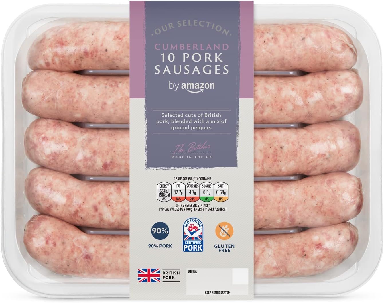 by Amazon Our Selection 10 British Cumberland Pork Sausages, 667g ...