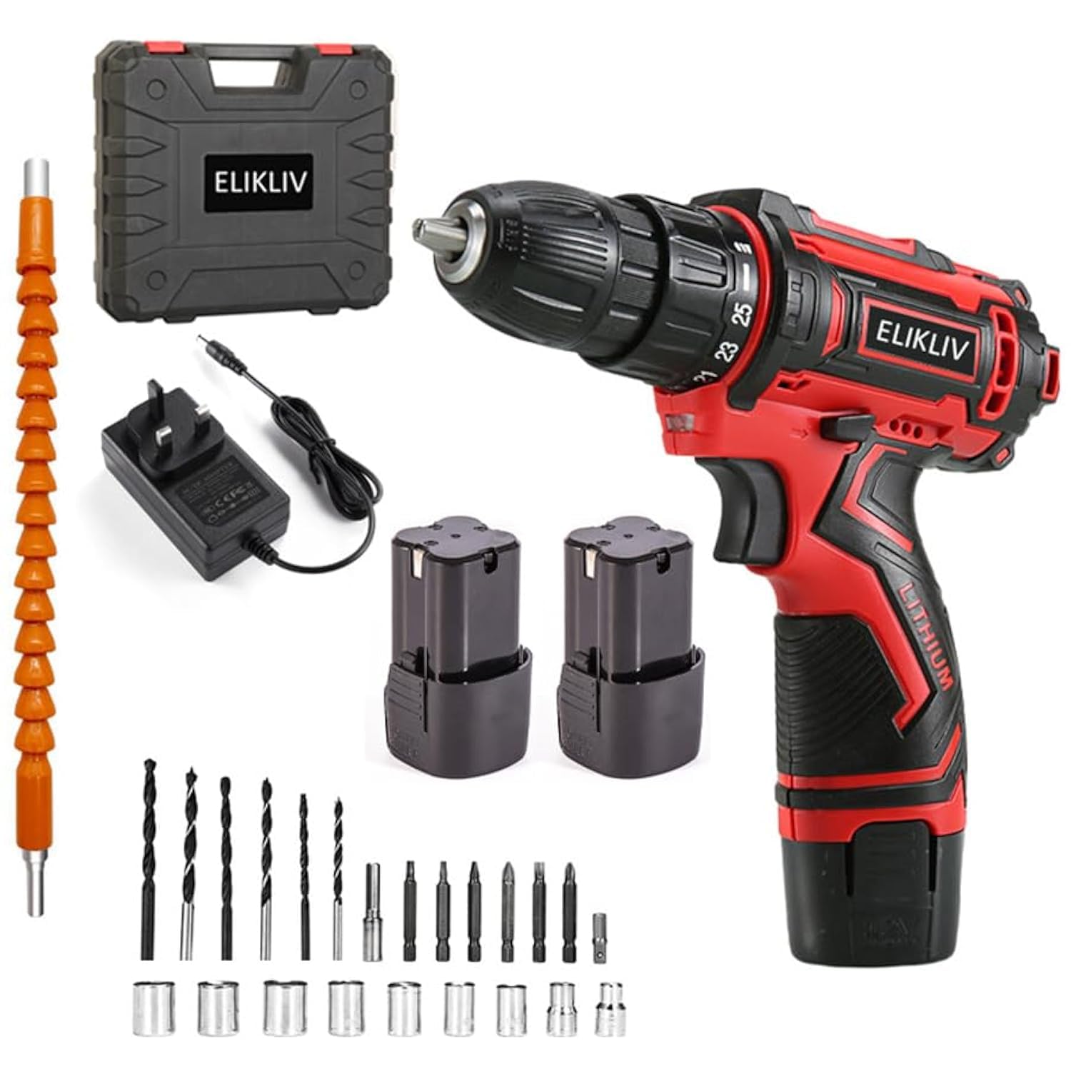ELIKLIV 18V Cordless Drill, Brushless Power Drill with 2Pcs Battery and ...