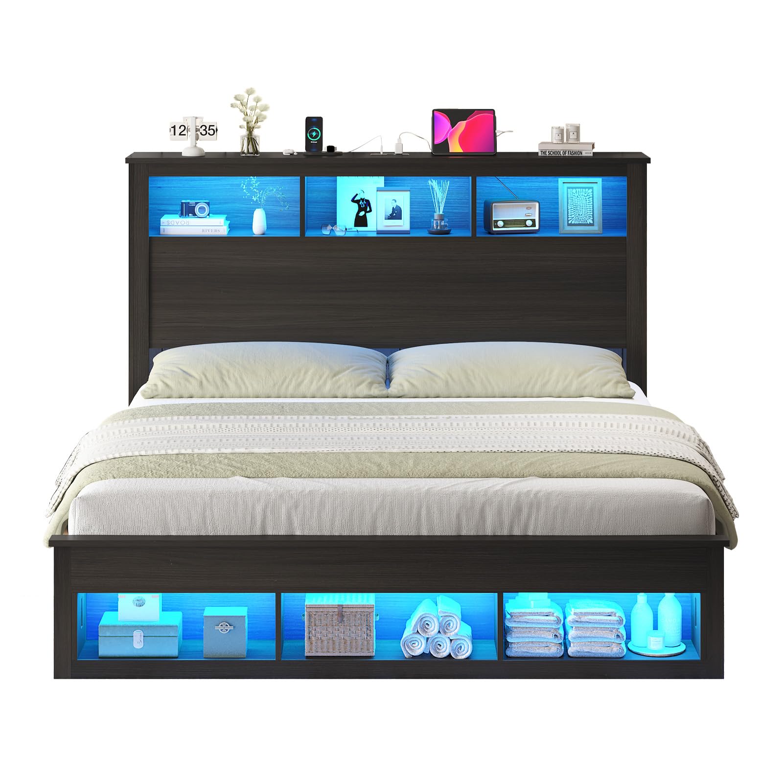 Amazon.com: AMERLIFE Queen Size Bed with Bookcase Storage Headboard and ...