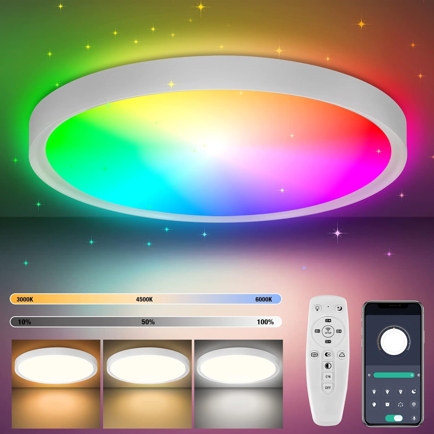 Led-plafondlamp, 30 W, RGB, dimbaar, bluetooth-plafondlamp met ...