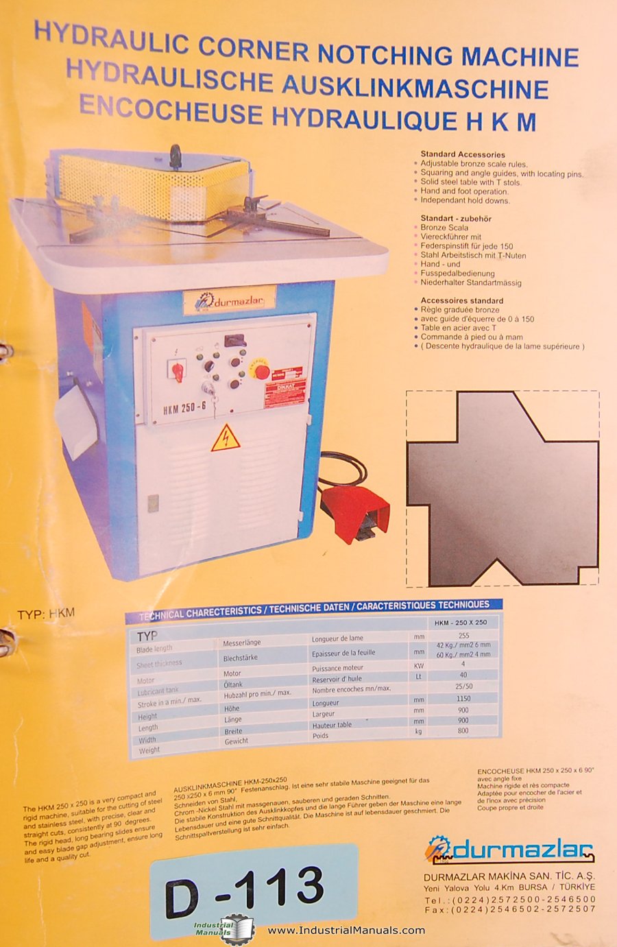 Durmazlar Makina, HKM 25 x 250 x 6, Hydraulic Corner Notching Machine ...