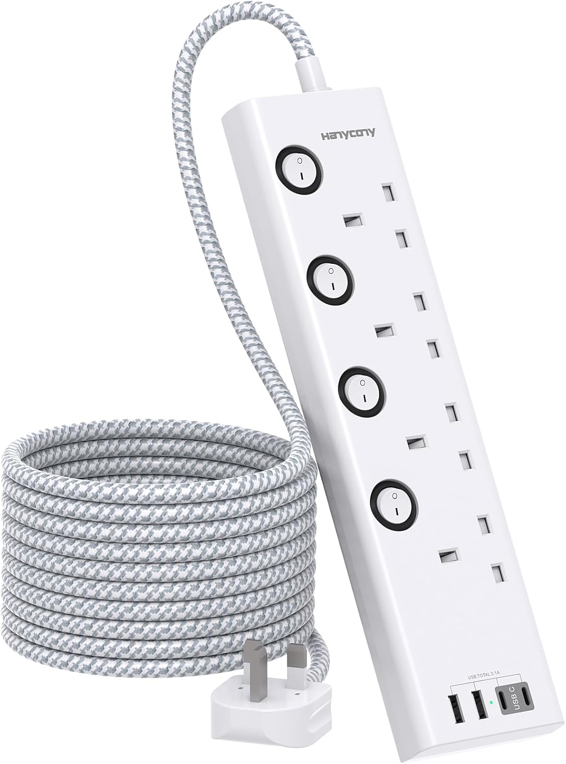 3M Extension Lead, 4 Way Extension Socket with 4 USB Slots(2 USB C ...