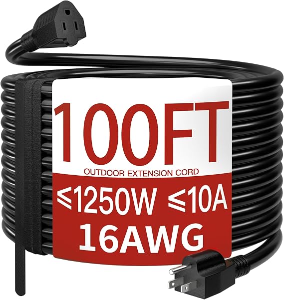 Amazon.com: 16AWG 10A 1250W 125V 100 Ft Outdoor Extension Cord ...