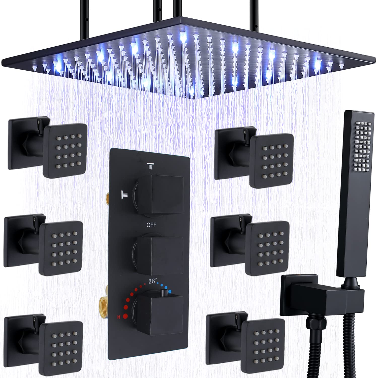 Updated Matte Black 20inch Led Rain Shower System with (On/Off) Body ...
