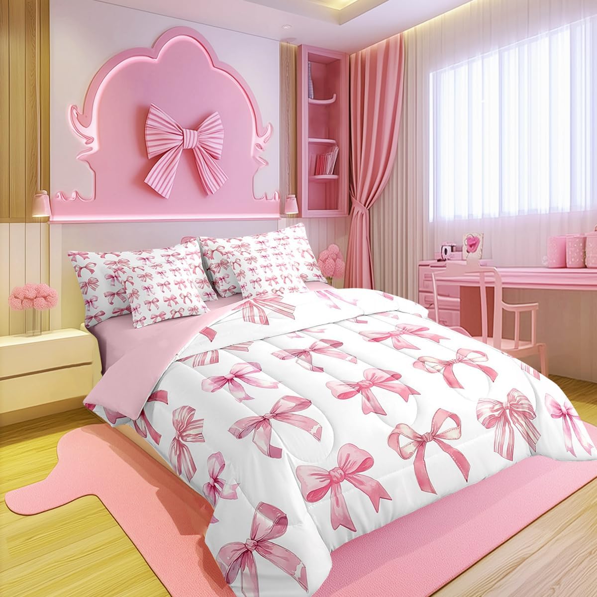 Amazon.com: Pink Bowknot Comforter Set 7 Pieces,Girly Princess Style ...