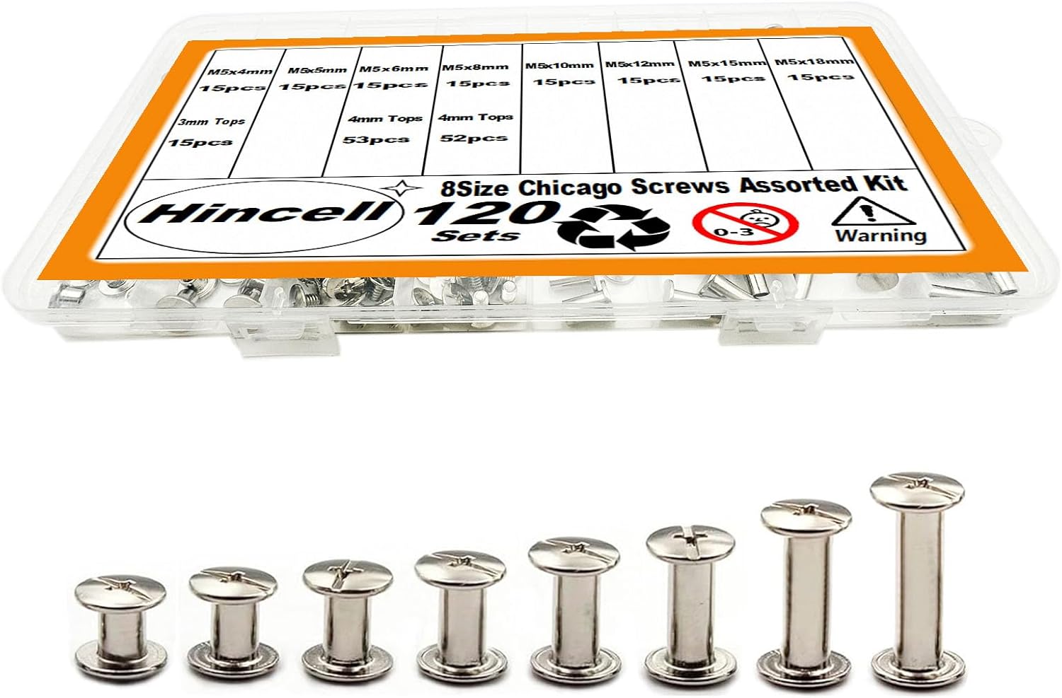 Amazon.com: 120sets Chicago Screws Kit, 8 Sizes Screw Rivets Silver ...