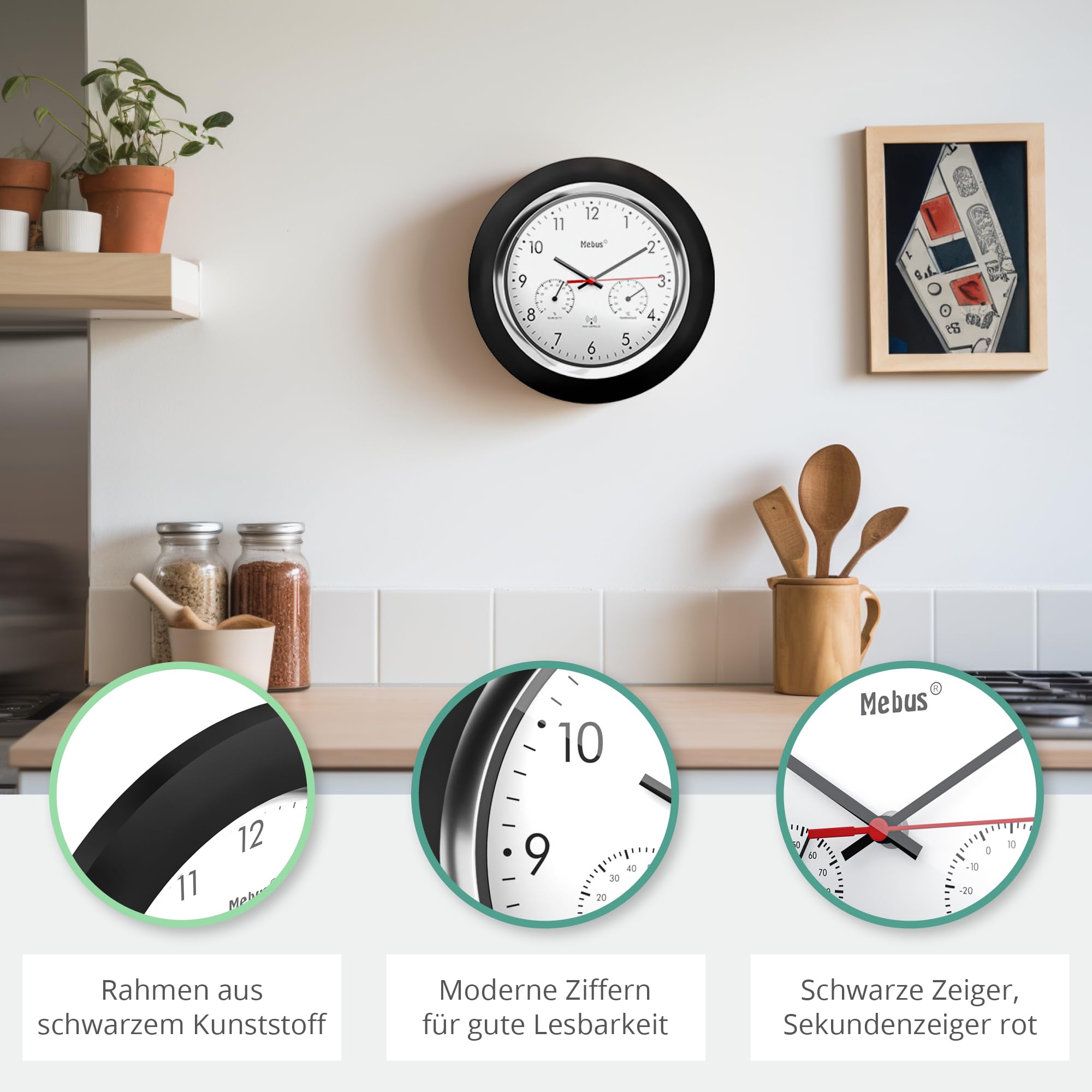 Mebus Radio-Controlled Wall Clock with Thermometer and Hygrometer/Black ...