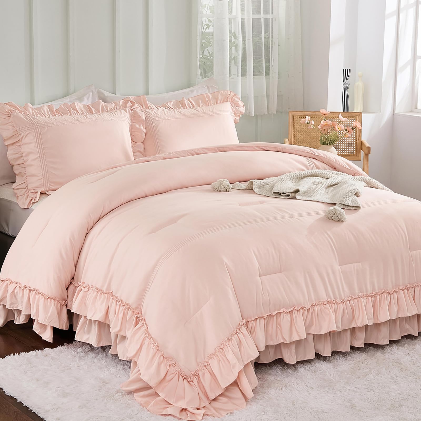 Amazon.com: Dintszyayue Pink Comforter Set Queen Size,3 Pieces Solid ...