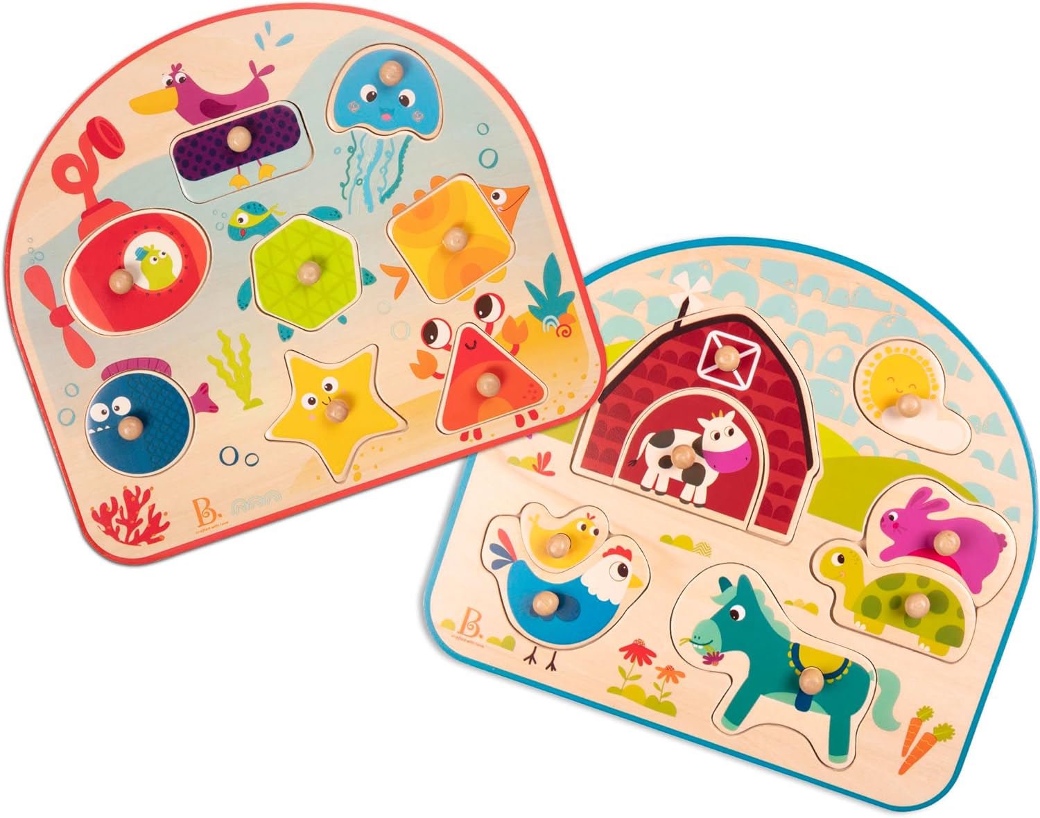 Amazon.com: B. toys – Peg Puzzles 2 – Pack – Farm Animals & Sea ...