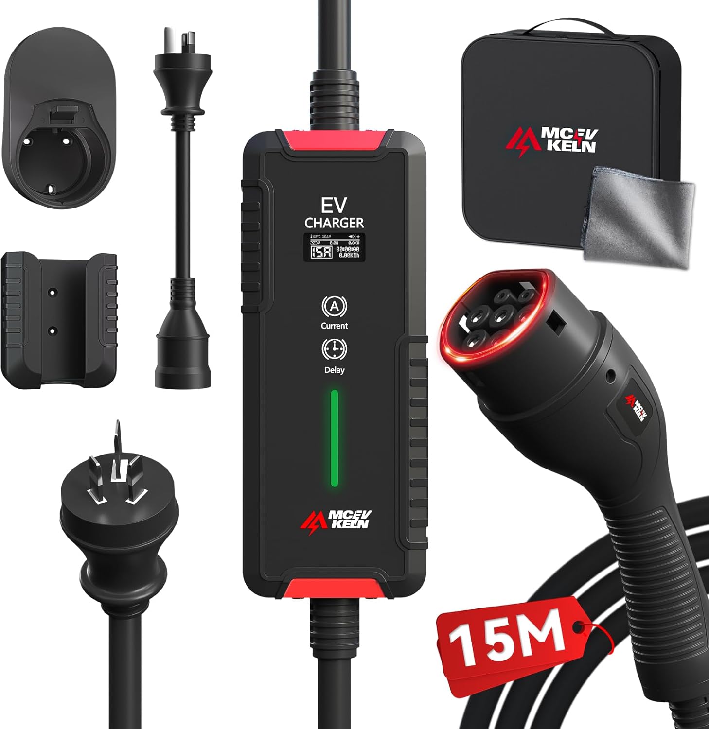 MCEVKELN 15m Type 2 EV Charger- 10A/15A EV Charging Cable with Australian 15 A Plug|10A Adapter ...