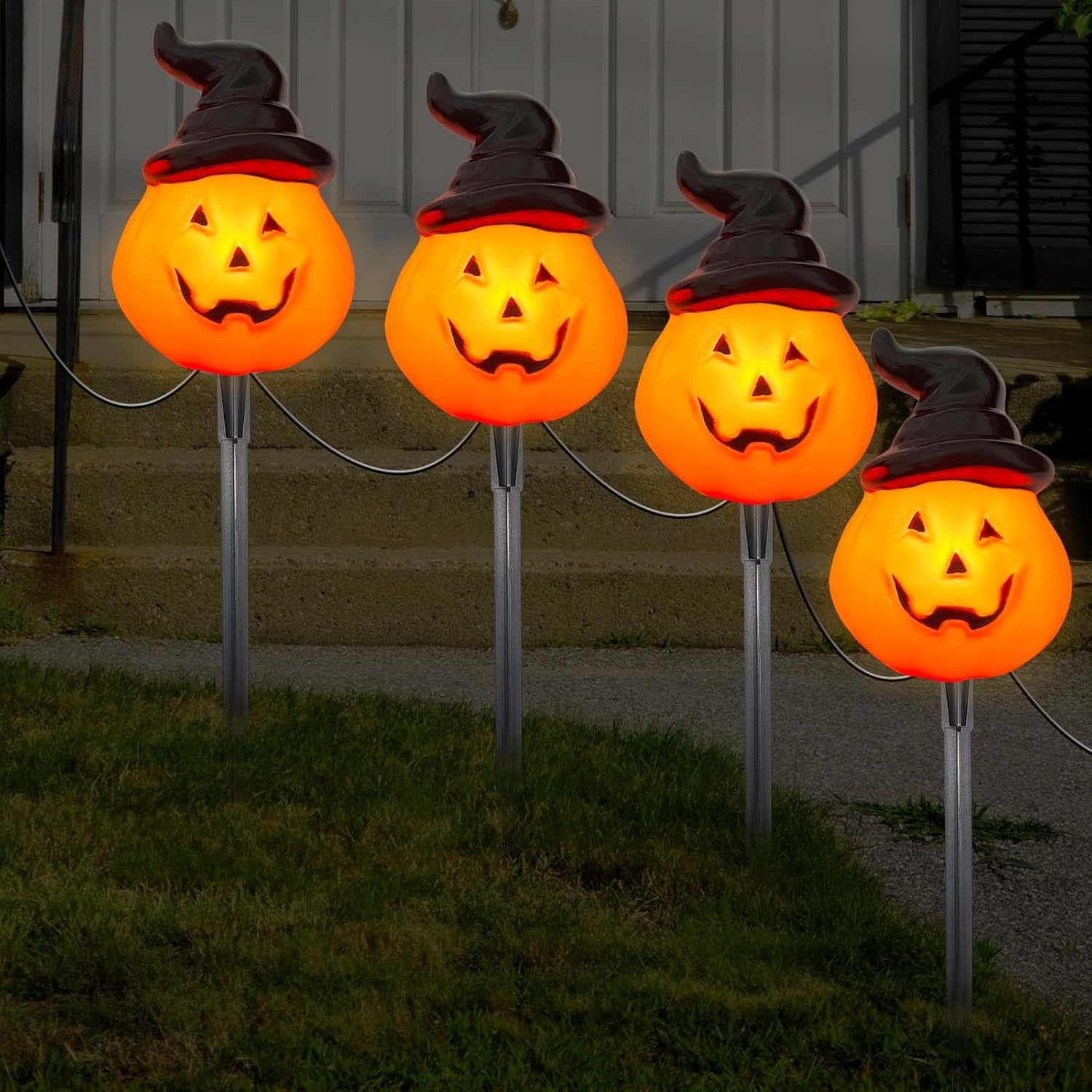 Set of 4 LED Halloween Hooded Pumpkin Pathway Markers String Lights ...