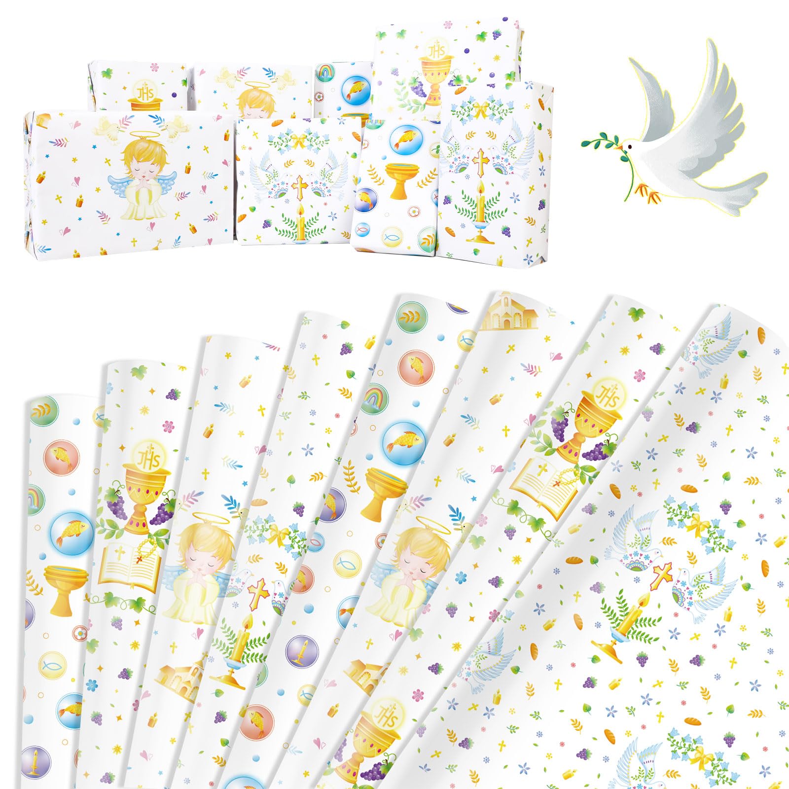 DPKOW 8pcs Holy Communion Gift Wrapping Paper Angel Dove Fish Art Craft ...