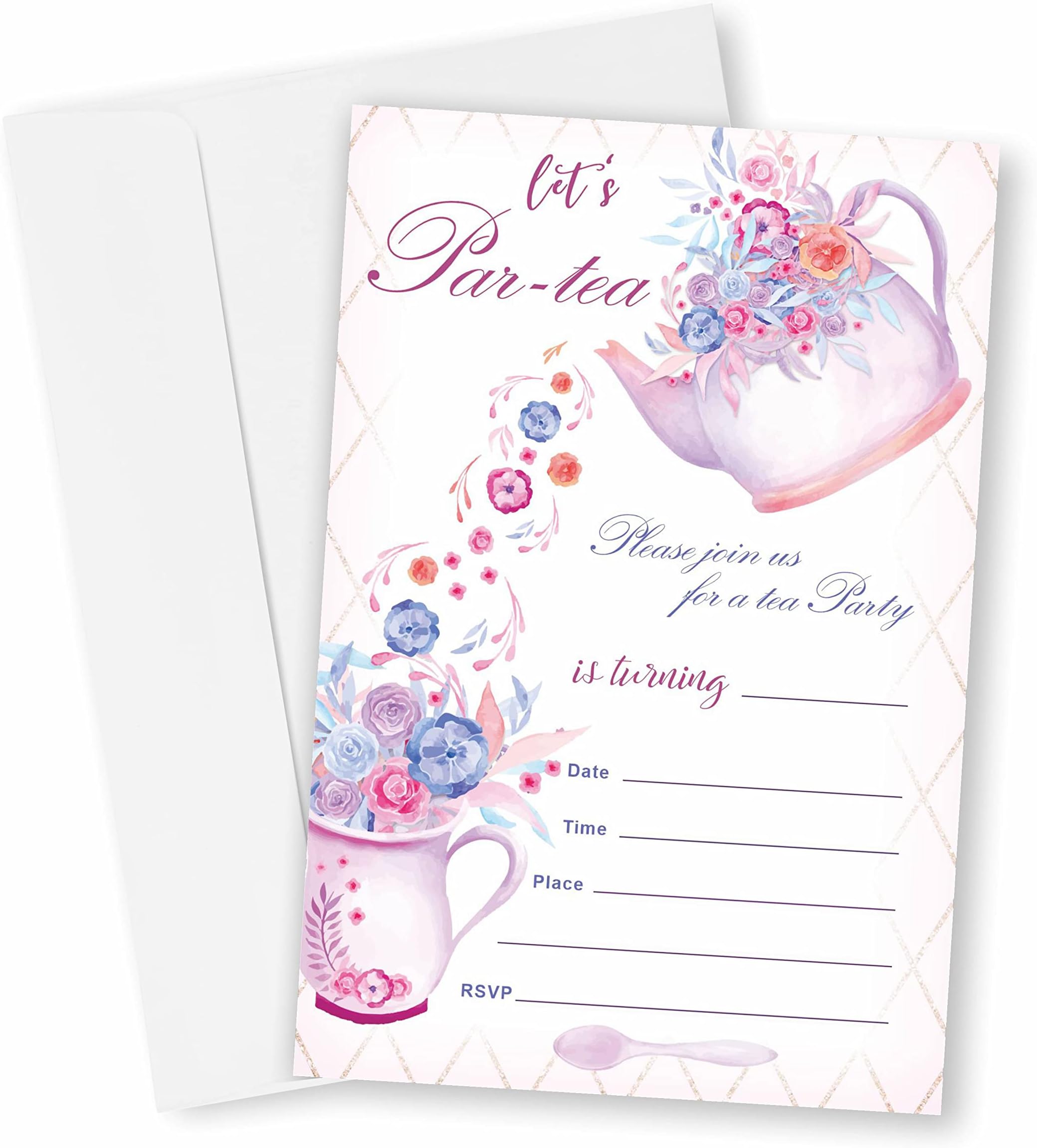 Amazon.com : EUDOSI Tea Party Birthday Invitations Supplies Fill-In Set ...
