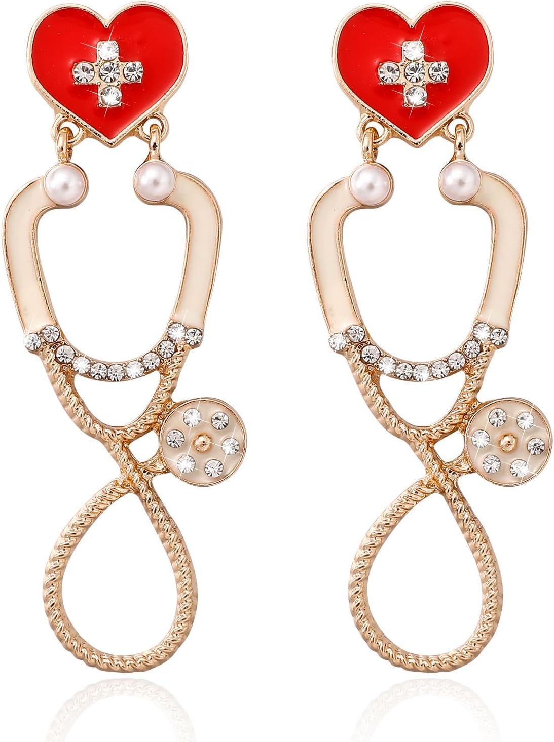 Amazon.com: Heart Shaped Nurse Earrings Handmade Rhinestone Pearl ...