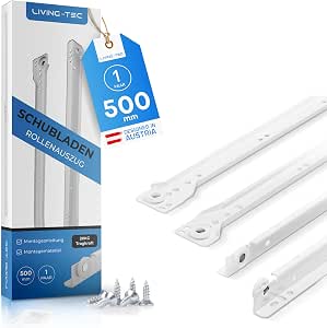 LIVING TEC® Drawer Runners 500 mm - 1 Pair Roller Pull-Out White ...