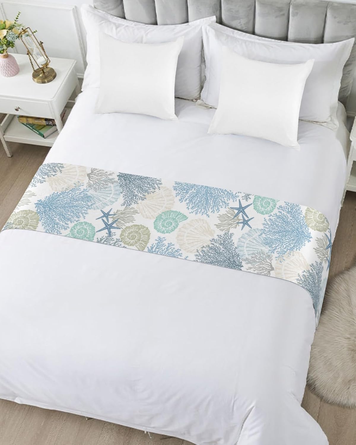 Blue Teal Coral Bed Runners, Summer Beach Starfish Modern Geometric Bed ...