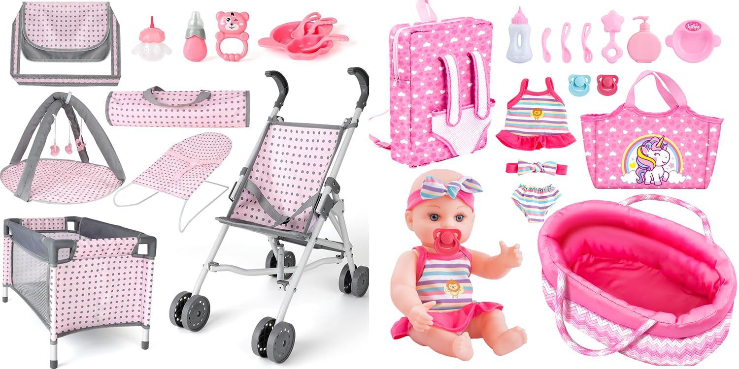 Amazon.com: deAO Baby Doll Stroller Crib Bed Nursery Role Play Set Baby ...