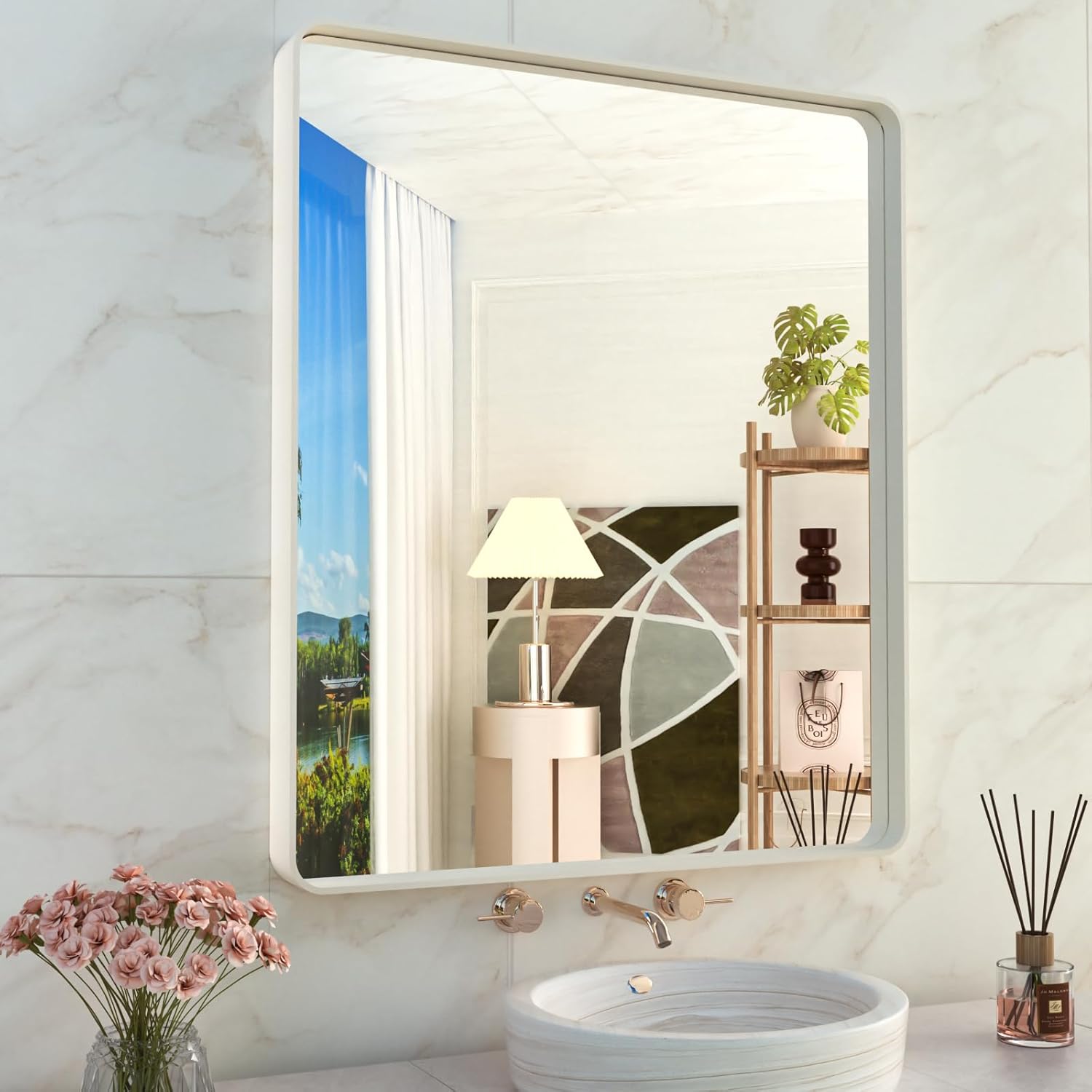 Amazon.com: WEER White Bathroom Mirror 36X30 Inch, Rounded Rectangle ...
