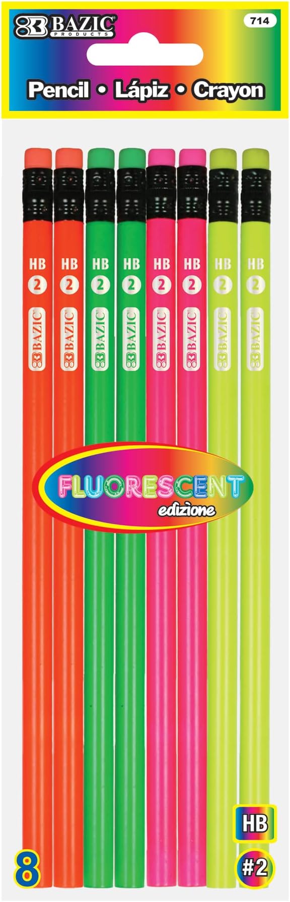 Amazon.com : BAZIC Wood Pencil Neon Pencils, Latex Free Eraser ...