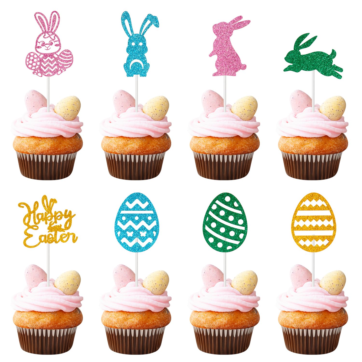 24pcs Easter Cake Toppers, Egg Bunny/Rabbit Cupcake Toppers 8 Styles ...