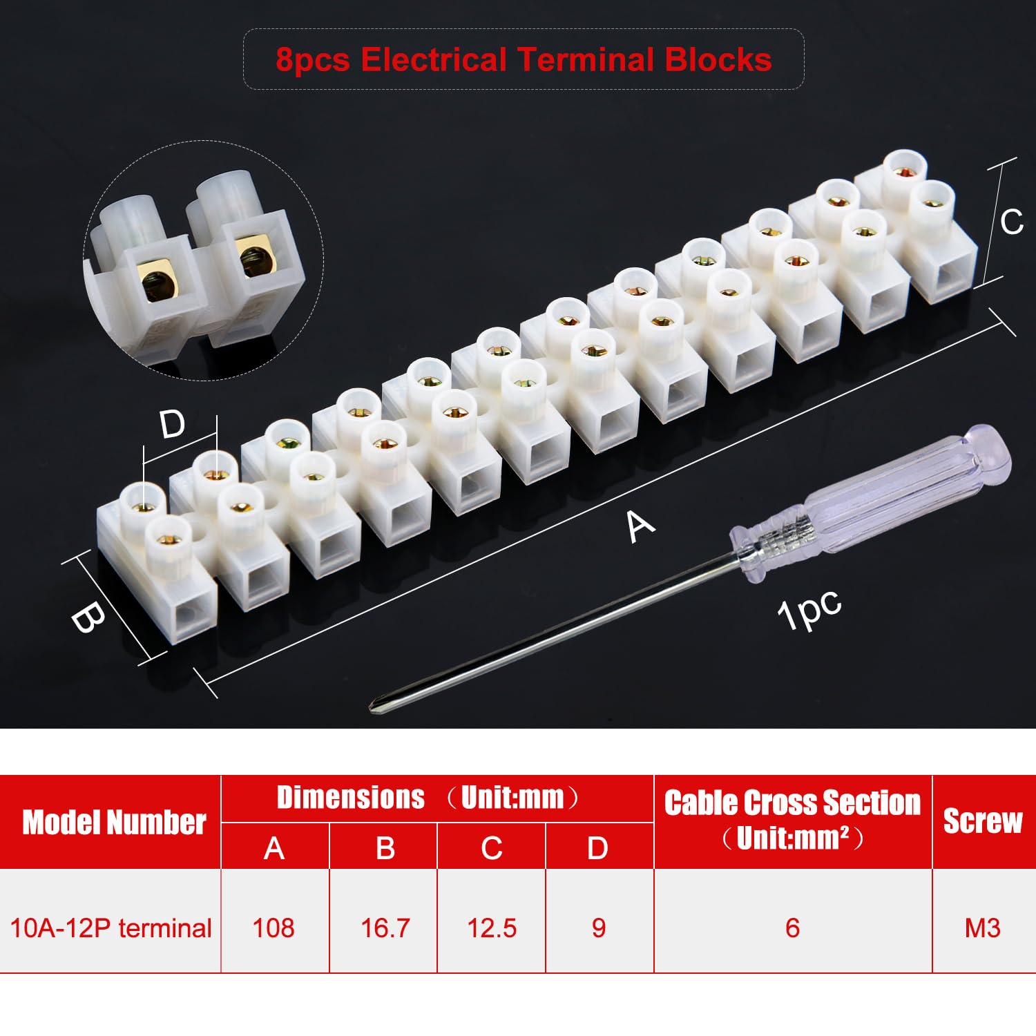 YIXISI 8 PCS 10A Terminal Block Strip, Dual Rows Terminal Block, 12 Way ...