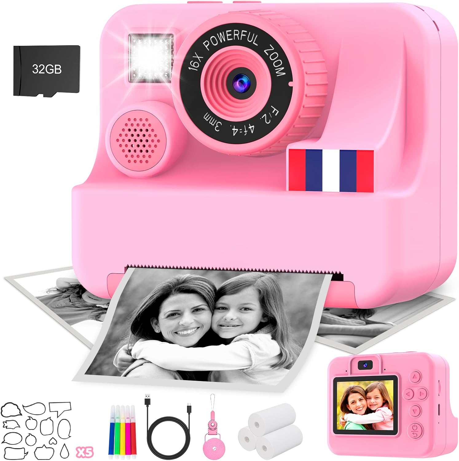 Yosfeng Kids Camera Instant Print with 32GB Card, 2.4 Inch IPS Screen ...