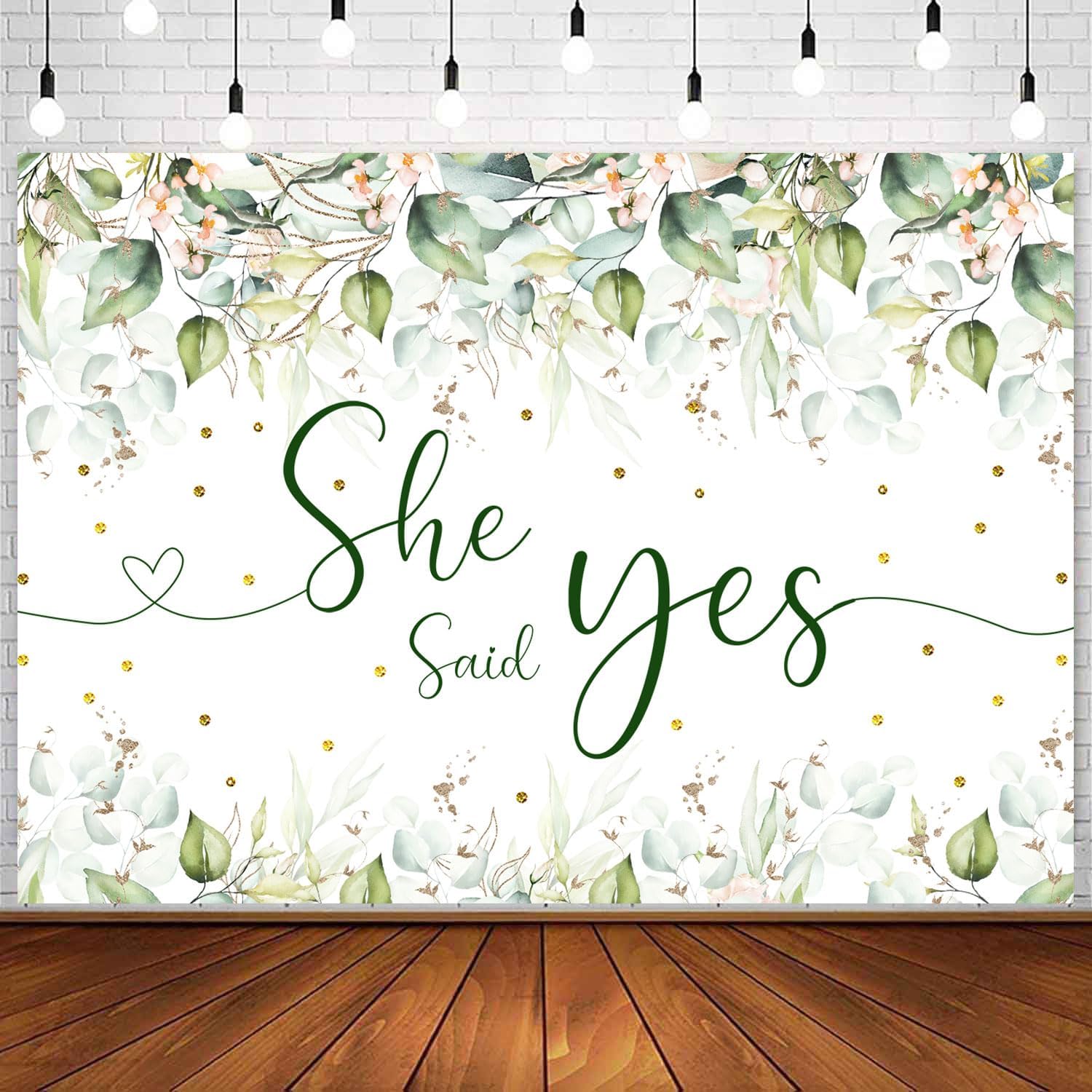Amazon.com : InMemory She Said Yes Bridal Shower Backdrop Green ...