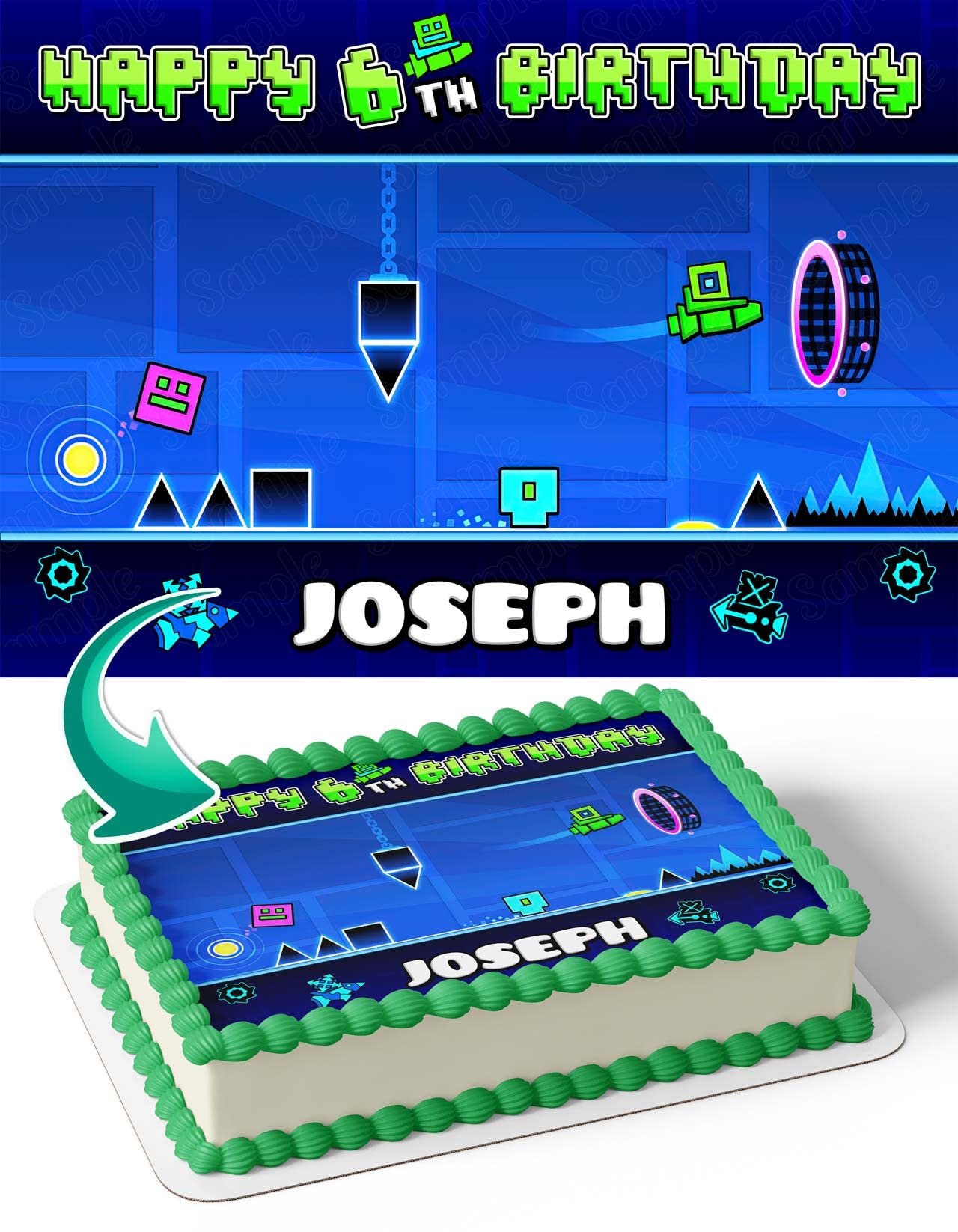 Amazon.com: CAKECERY Geometry Dash Blue Gamer Edible Cake Image Topper ...