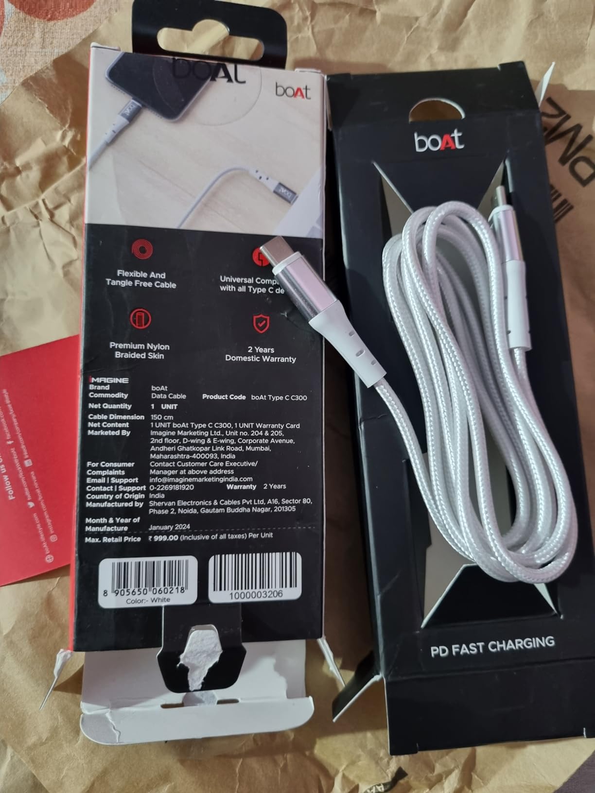 boAt Type-C C300 Tangle-Free, Sturdy Cable w/ 60W/3A PD Fast Charging ...