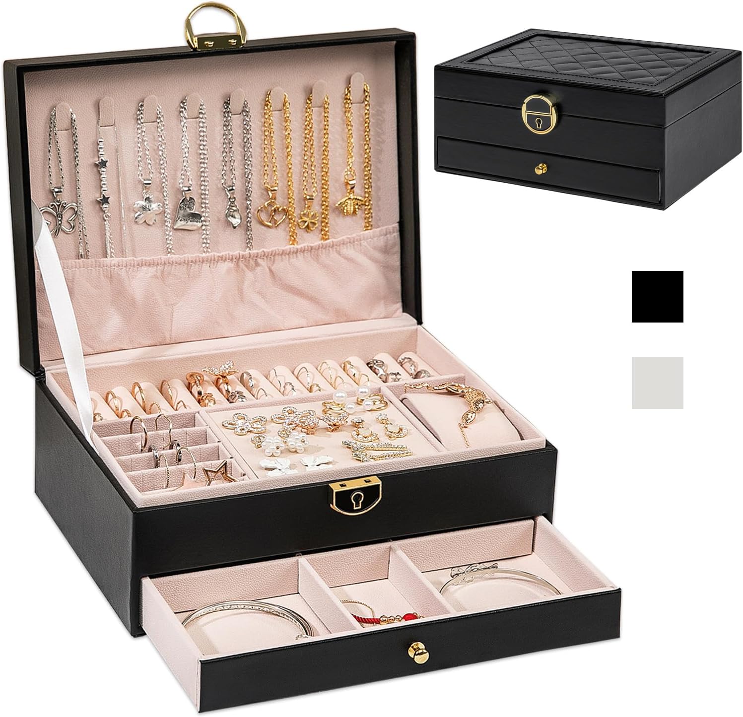 Amazon.com: TUOKING 2 Layer Jewelry Box Large Organizer for Women Girls ...