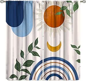 Amazon.com: Bohemian Mid Century Boho Curtains, Blue Nature Leaf Sun Abstract Modern Minimalism ...