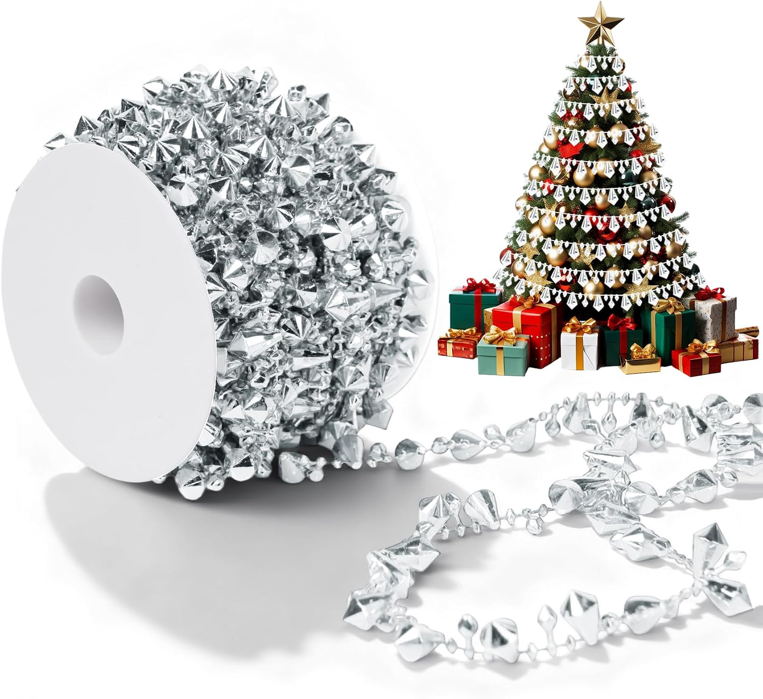 Anstore Silver Beads for Christmas Tree, 10m Silver Diamond Bead ...