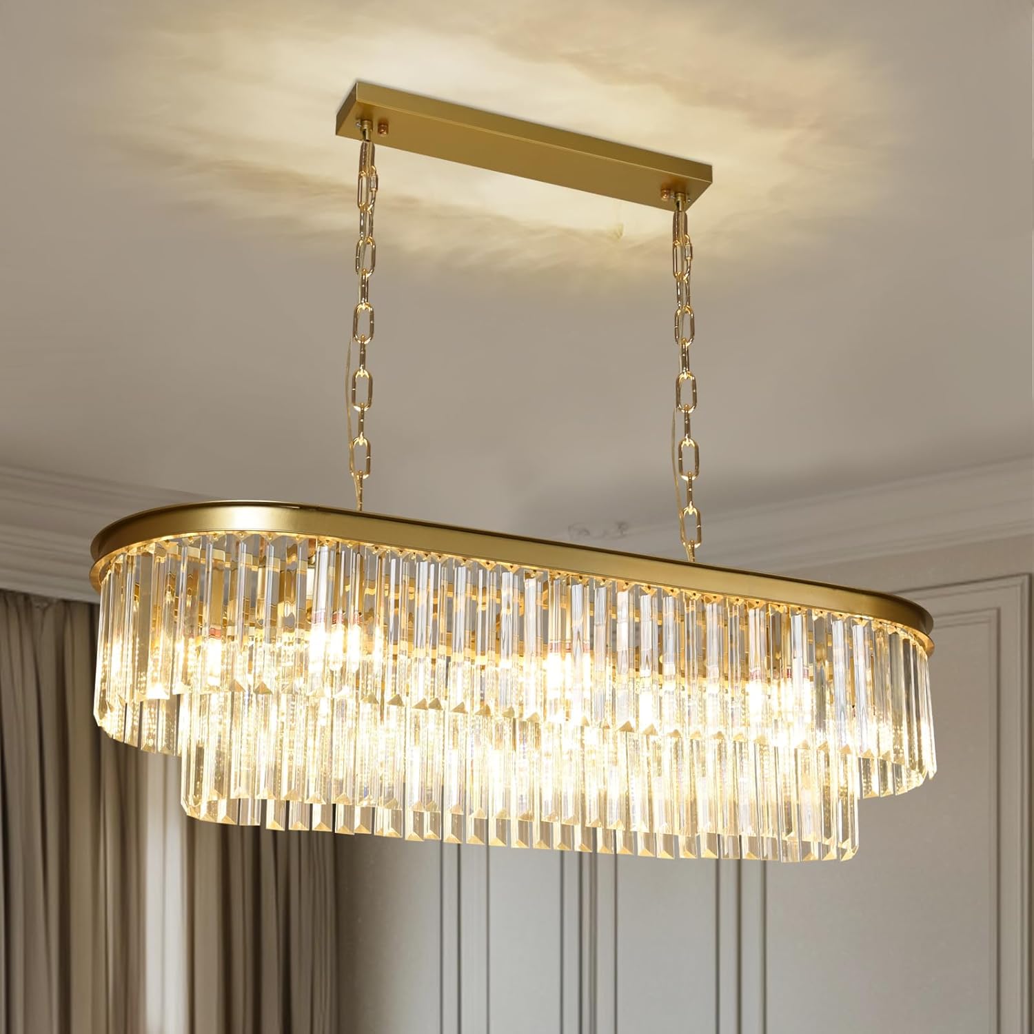 39 Inch Gold Linear Crystal Chandelier, 10-Light Oval Island Light ...