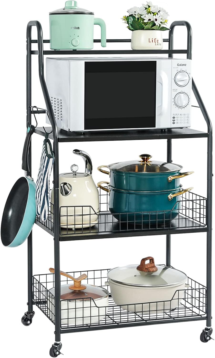 Amazon.com - 4 Tier Rolling Bakers Rack with Storage 5 S Hooks, Kitchen ...