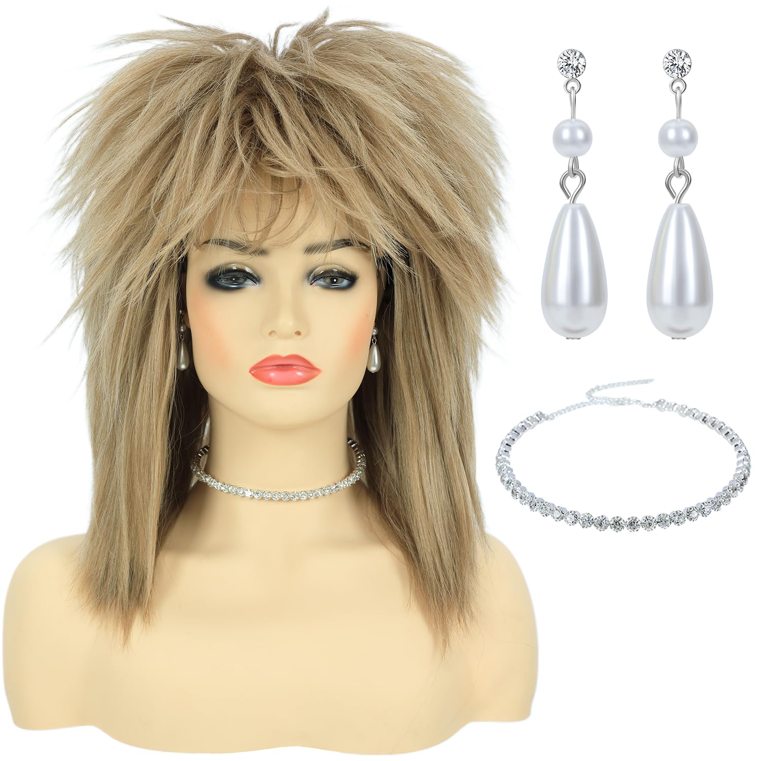 Amazon.com: Bettecos 80s Womens Rock Diva Costume Wig with Necklace and ...