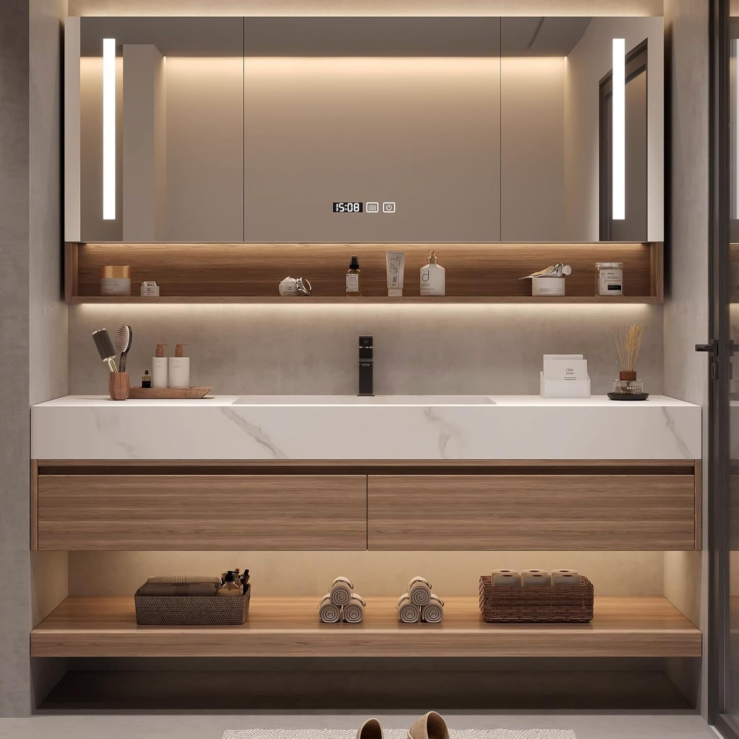 Amazon.com: Kadaligh 84IN Modern Bathroom Vanity with LED Mirror, Wall ...