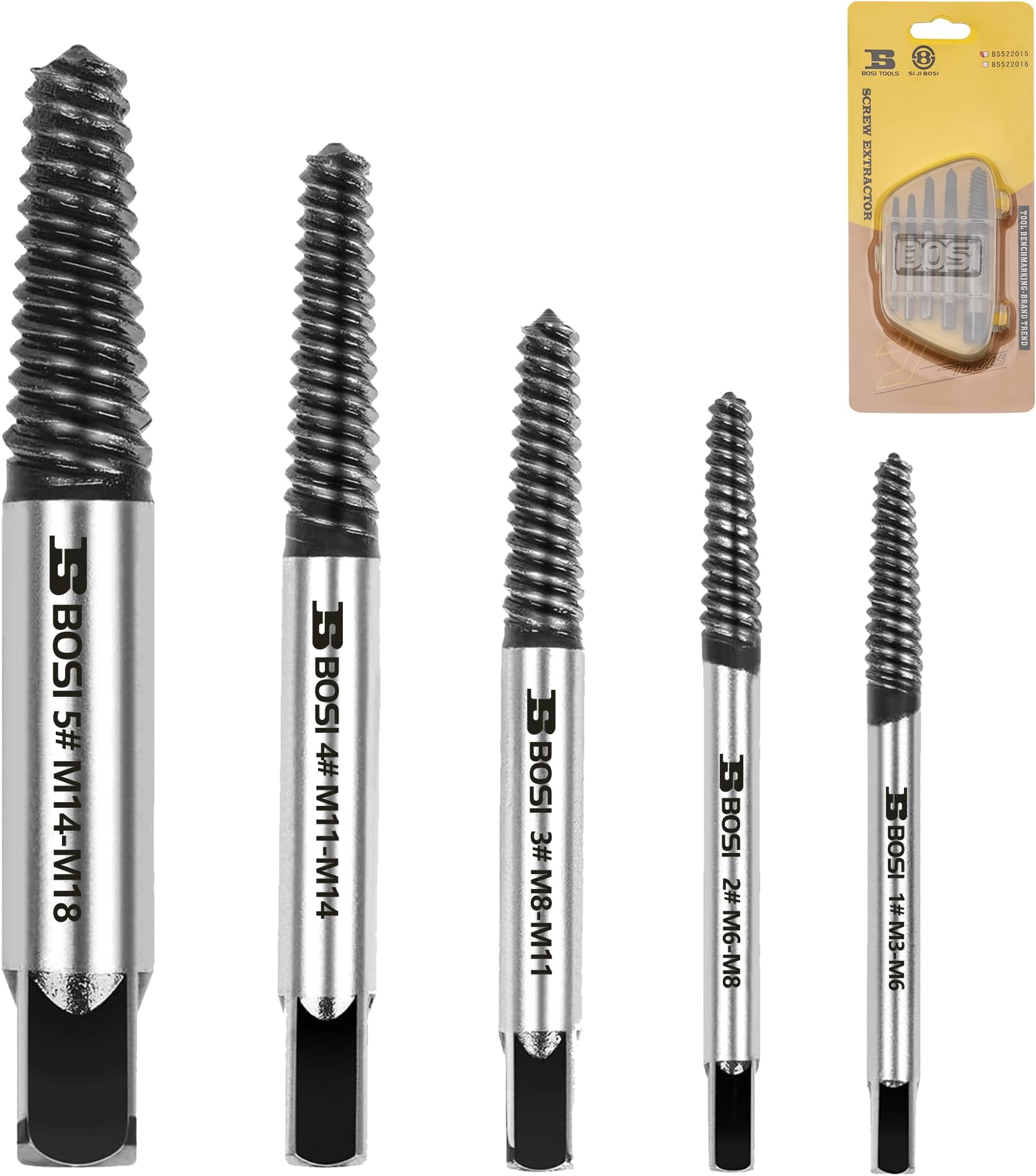 B BOSI TOOLS MUTT TOOLS 5pc Spiral Screw Extractor Set – Easy Out Bolt ...