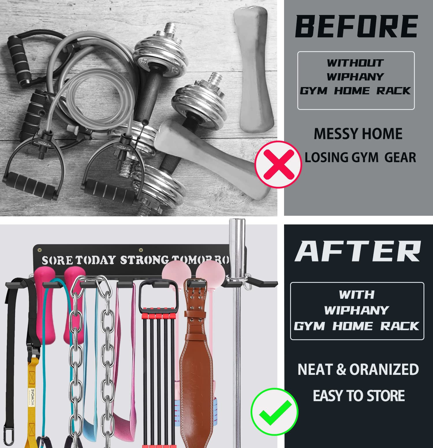 WIPHANY Black Steel Heavy-Gauge Workout Rack Wall Mount Organizer Multi ...