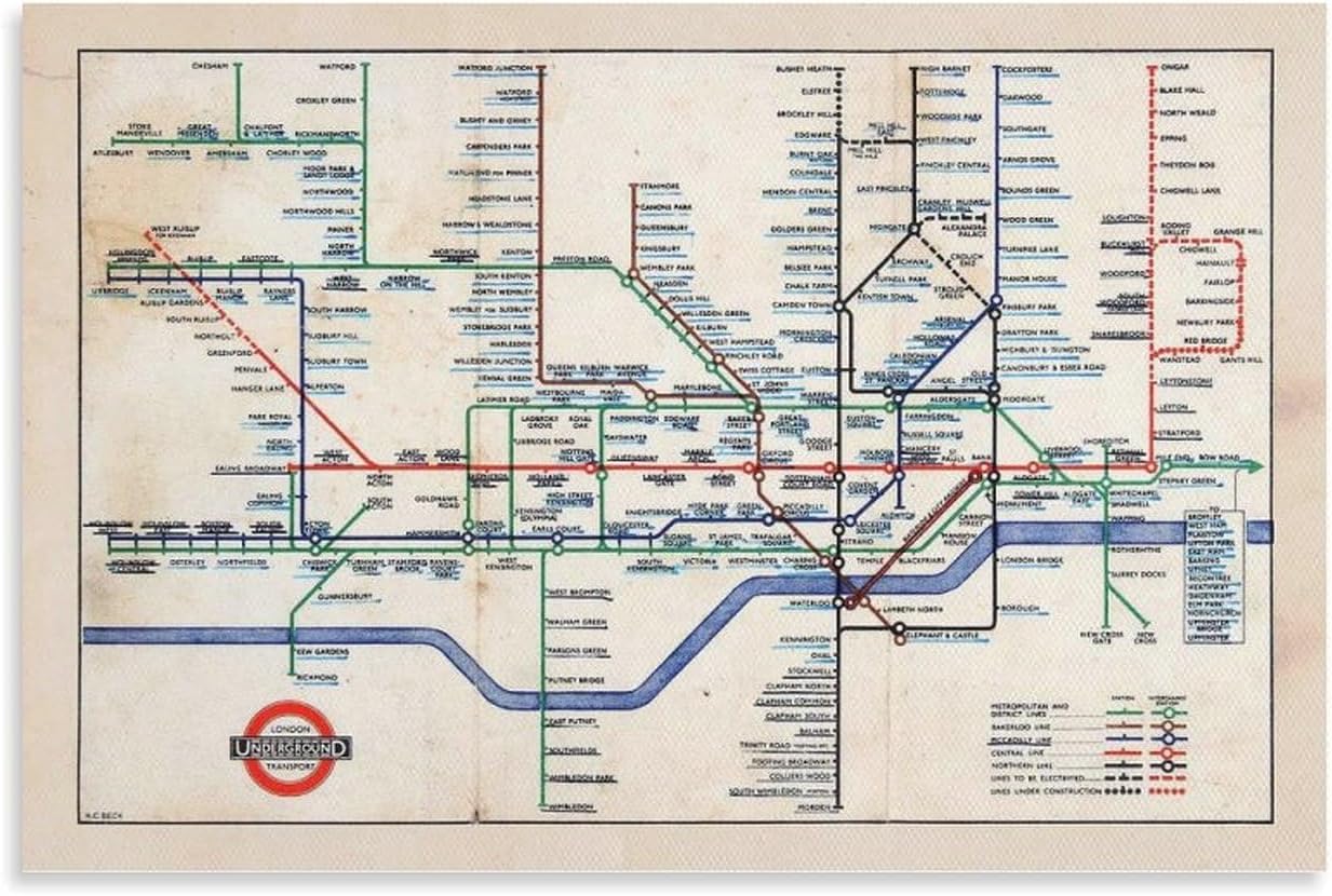 Generic 1947 London Underground Retro Map Canvas Wall Art, 12x18 inch ...