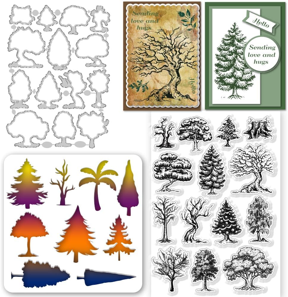Amazon.com : GLOBLELAND 3Set Layered Tree Silicone Clear Stamps Metal ...