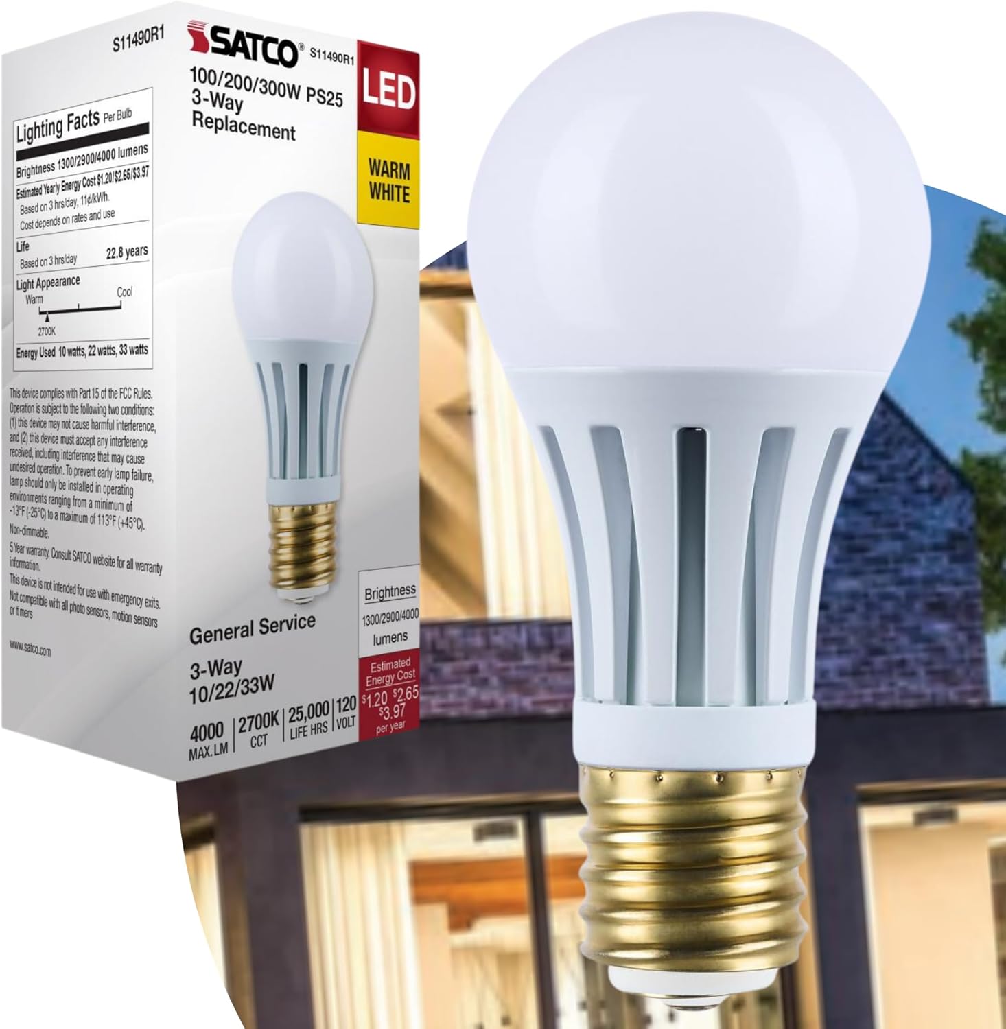 Satco LED Three-Way Lamp, 10/22/33W, Mogul Base, 2700K, White Finish (1 ...