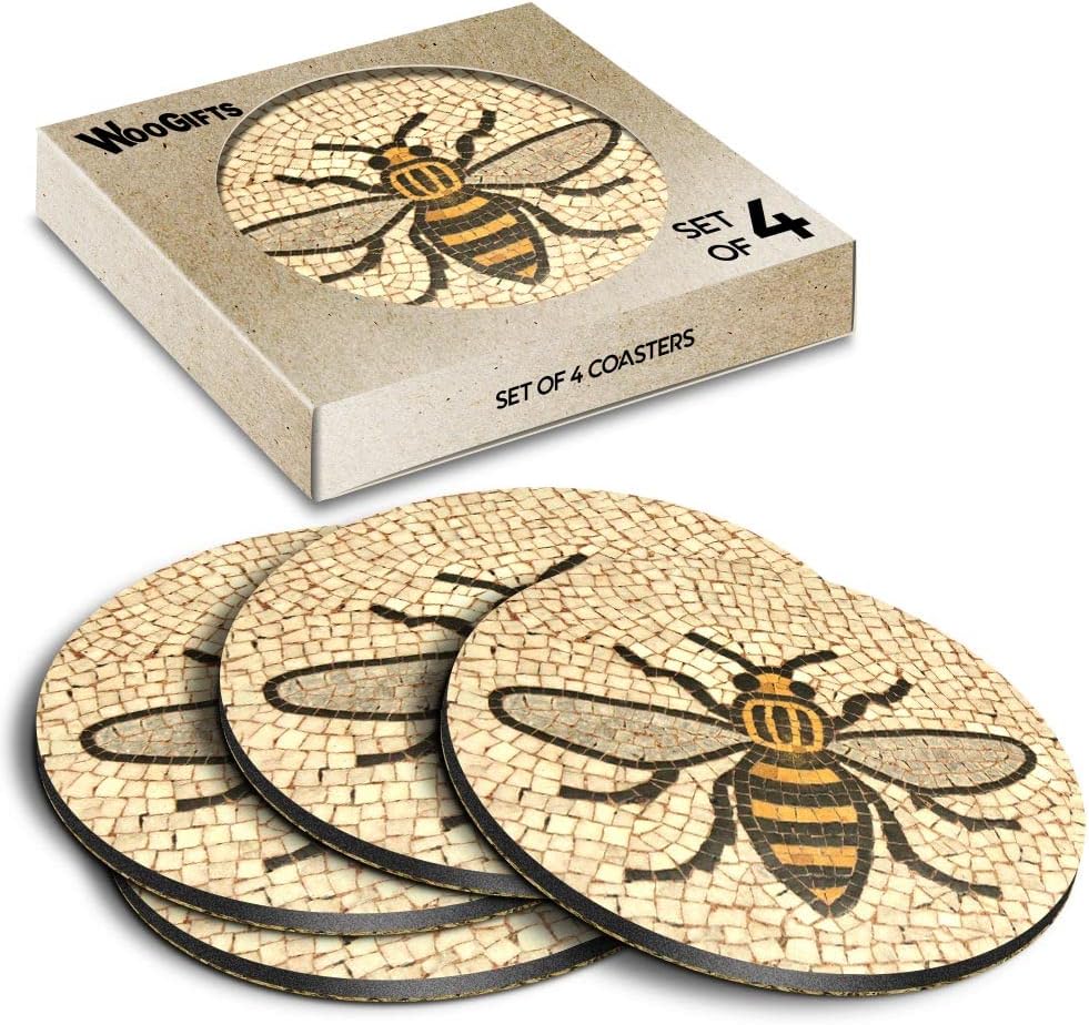 4 x Round Coasters - Manchester Bee Mosaic Pattern Cork Backed MDF ...