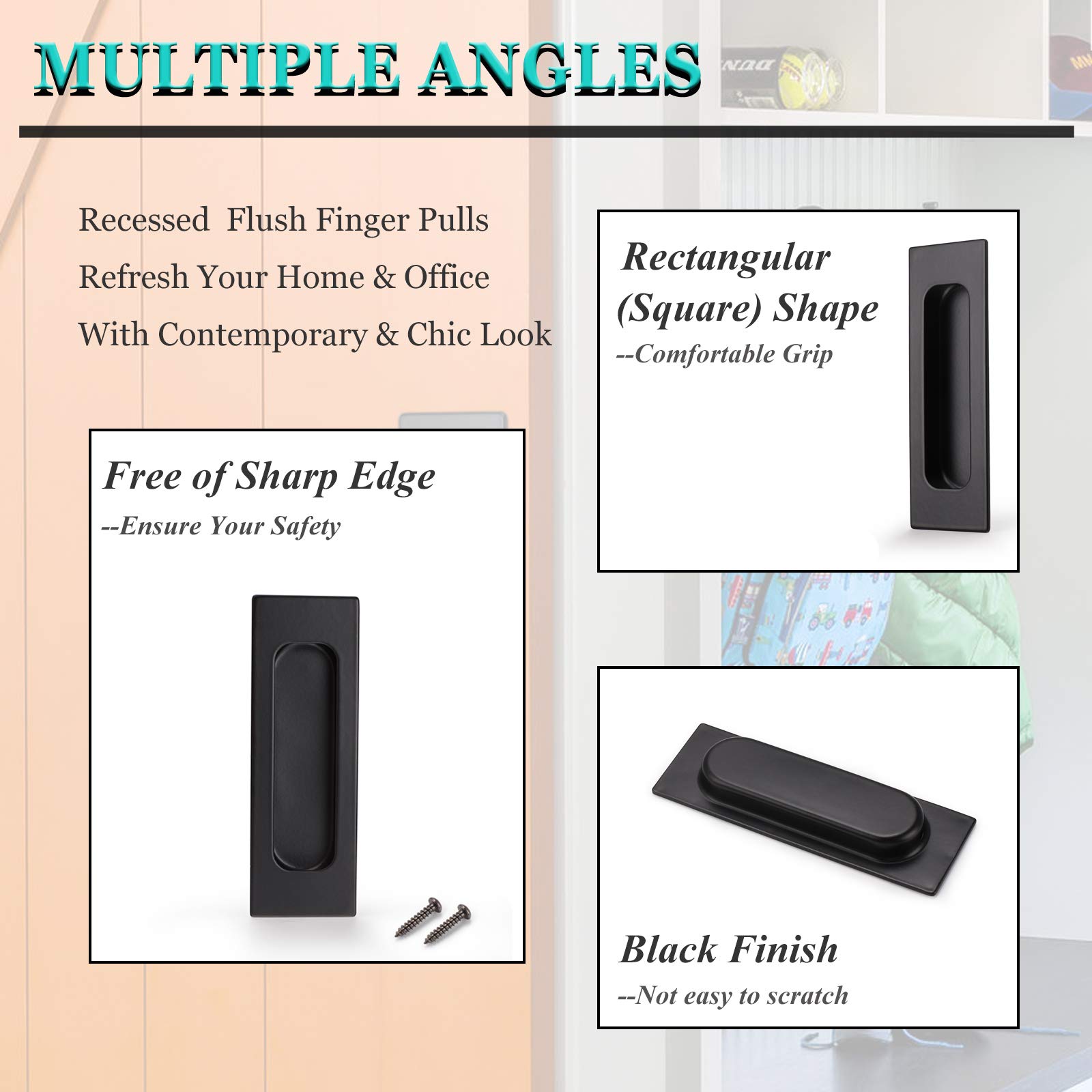 (2 Pack)Probrico Black Sliding Door Pulls Rectangular Flush Finger ...